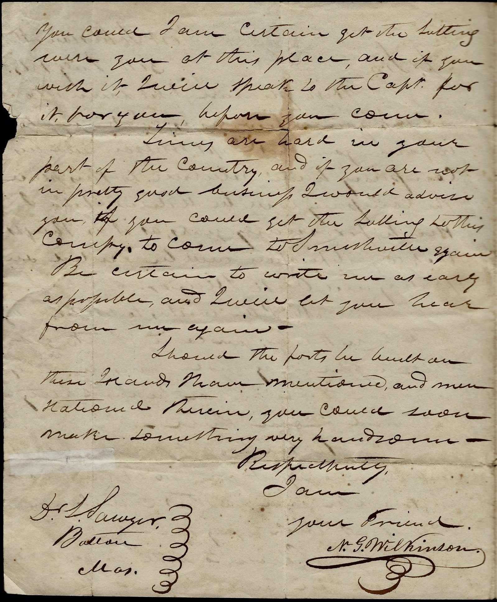 1819: Nathaniel G. Wilkinson to Dr. Levi Sawyer | Spared & Shared 23