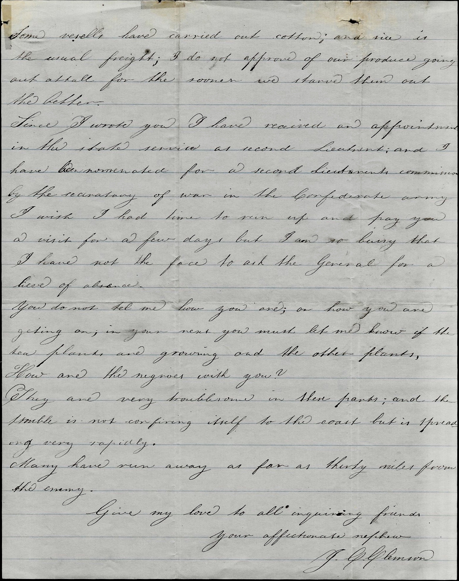 1861: John Calhoun Clemson to his Uncle | Spared & Shared 23