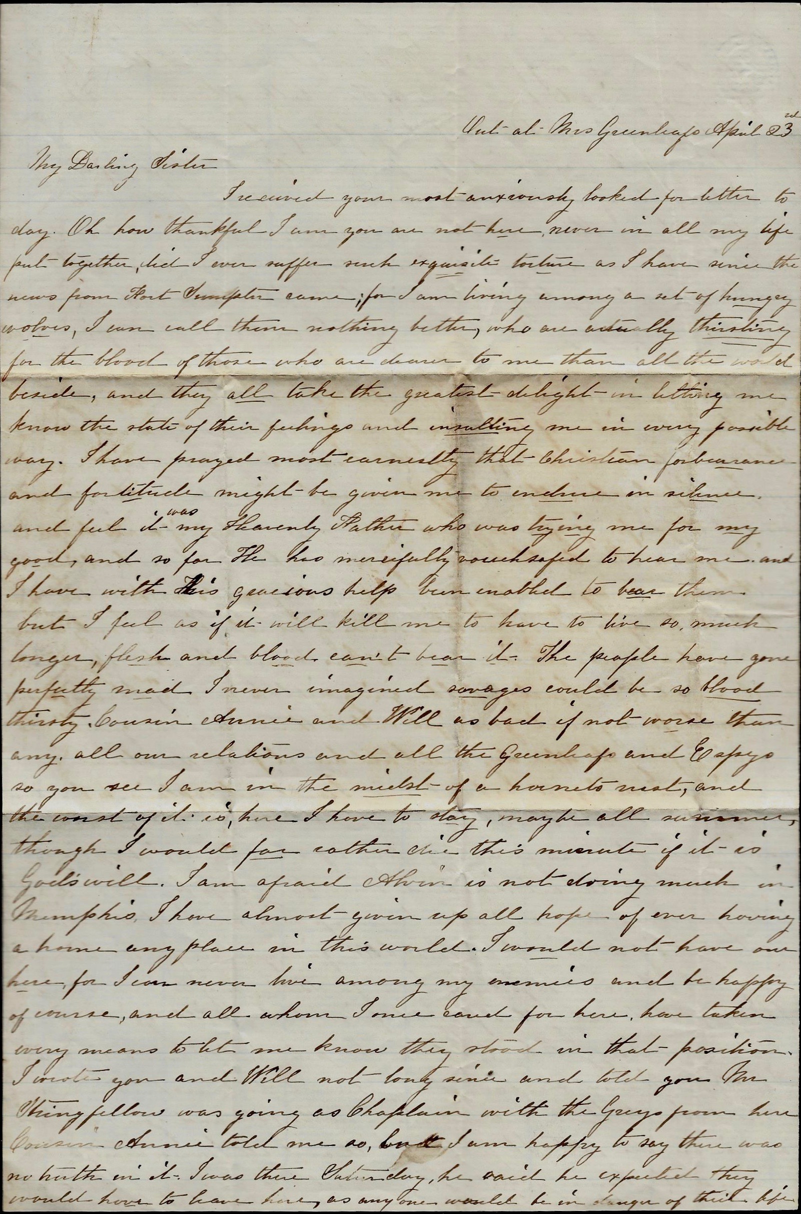 1861: Kate (Pinckard) Greenleaf to Margaret St. Clair Pinckard | Spared ...
