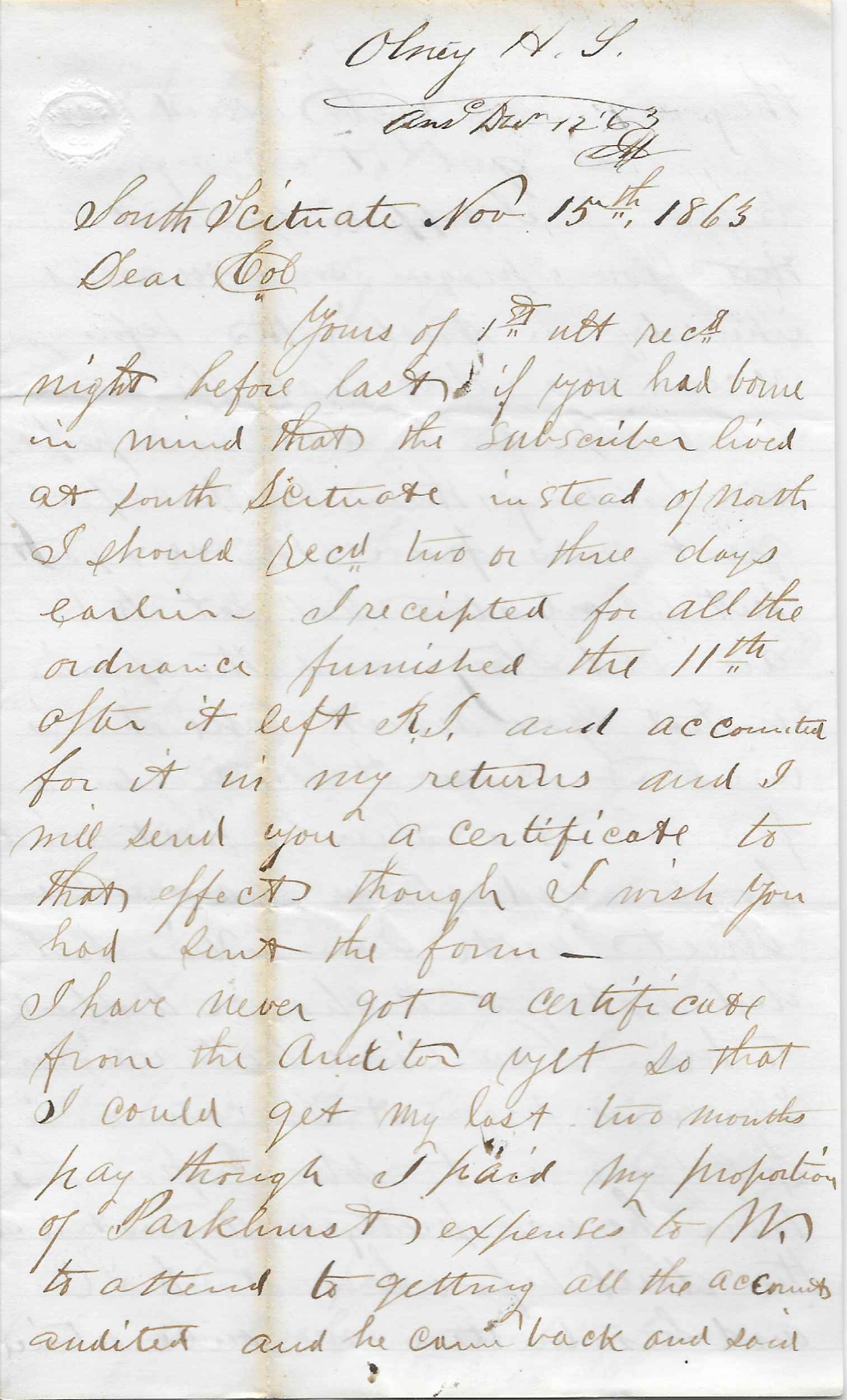 1863: Henry S. Olney to Colonel Edwin Metcalf | Spared & Shared 23