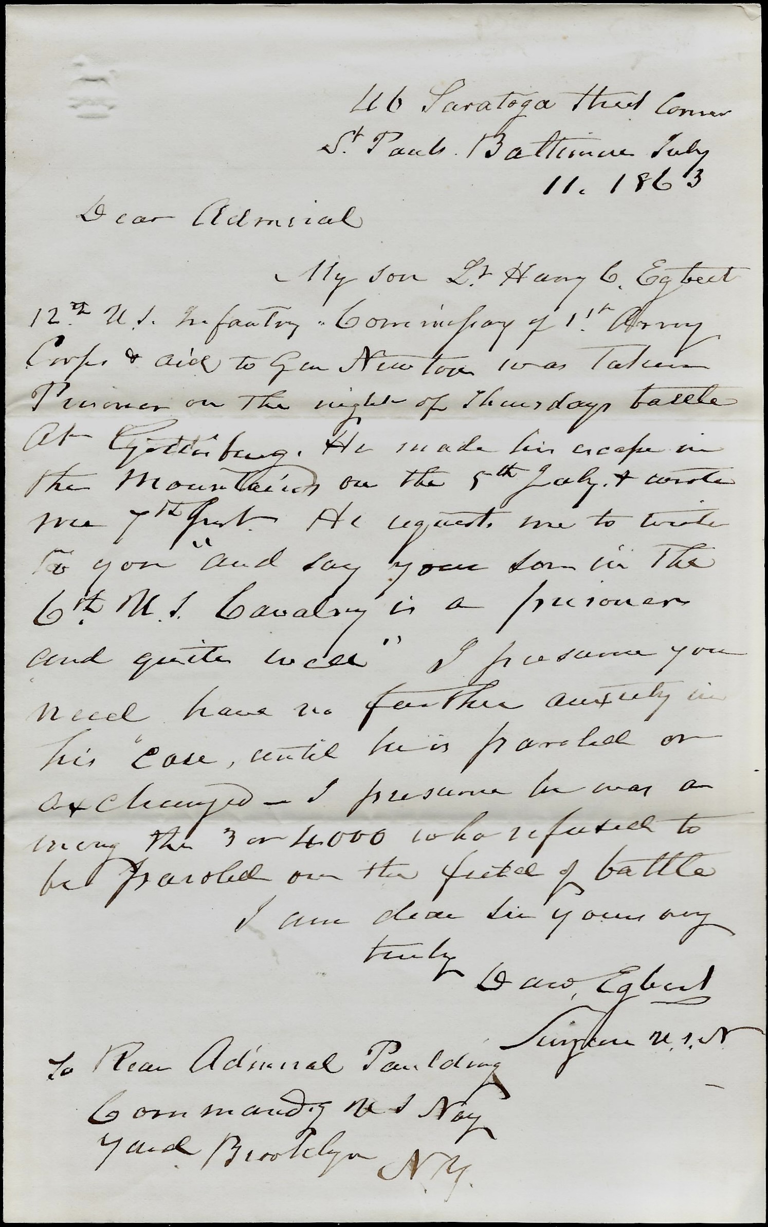 1863: Daniel Egbert to Hiram Paulding | Spared & Shared 23