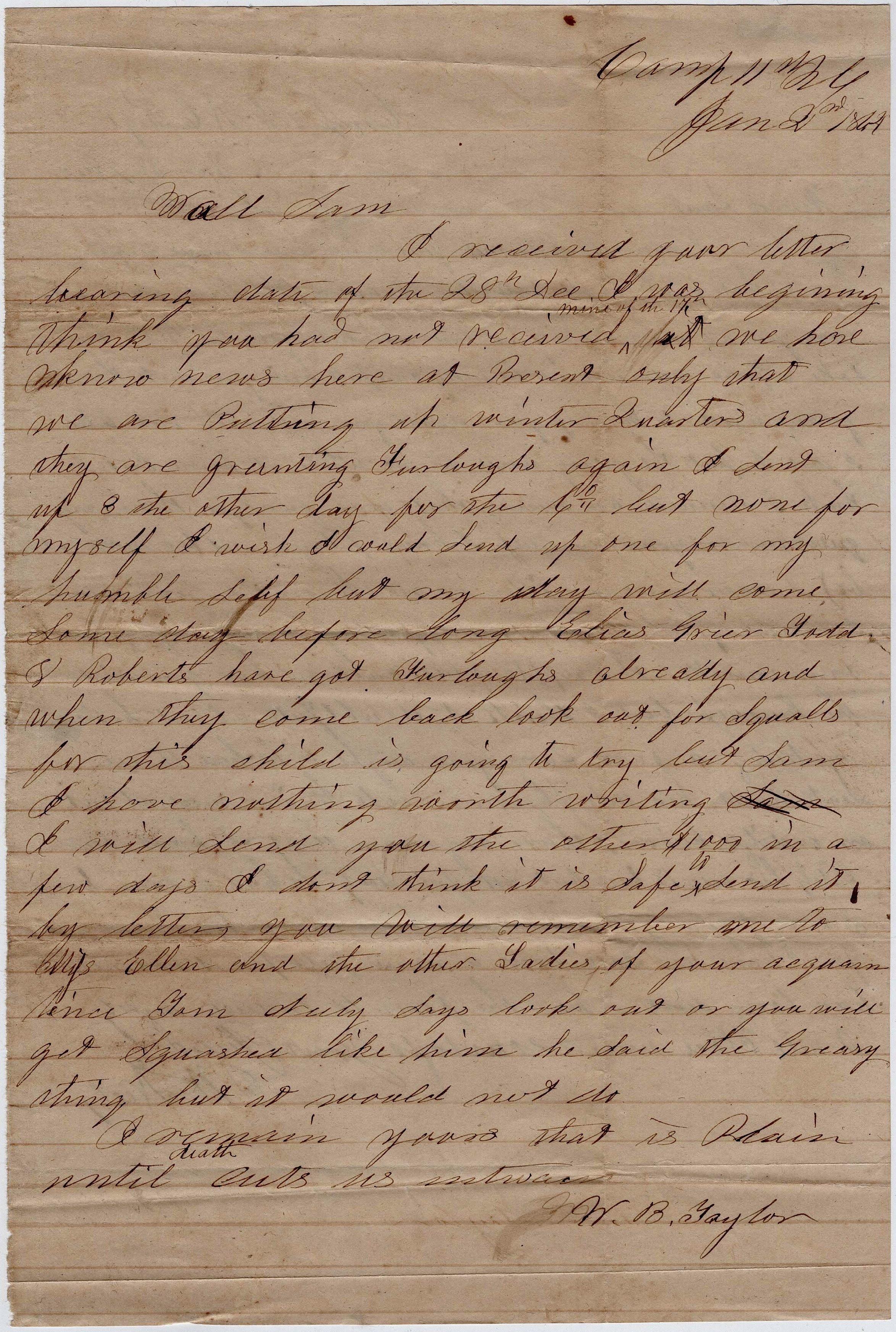 1864: William Barnette Taylor and Thomas W. Neely to Friend Sam ...