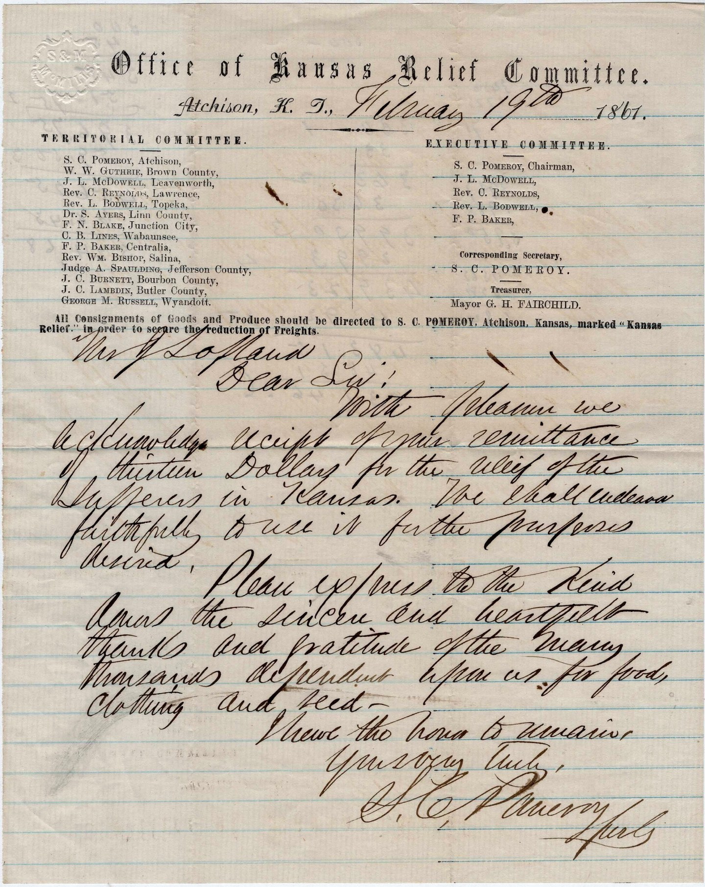 1861: Samuel Clarke Pomeroy to J. Lofland | Spared & Shared 23